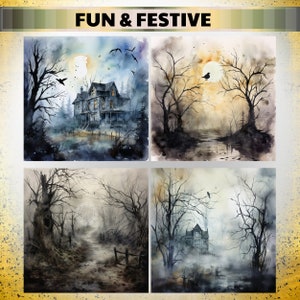 Haunted House Digital Paper Watercolor Scrapbook Ephemera Spooky ...