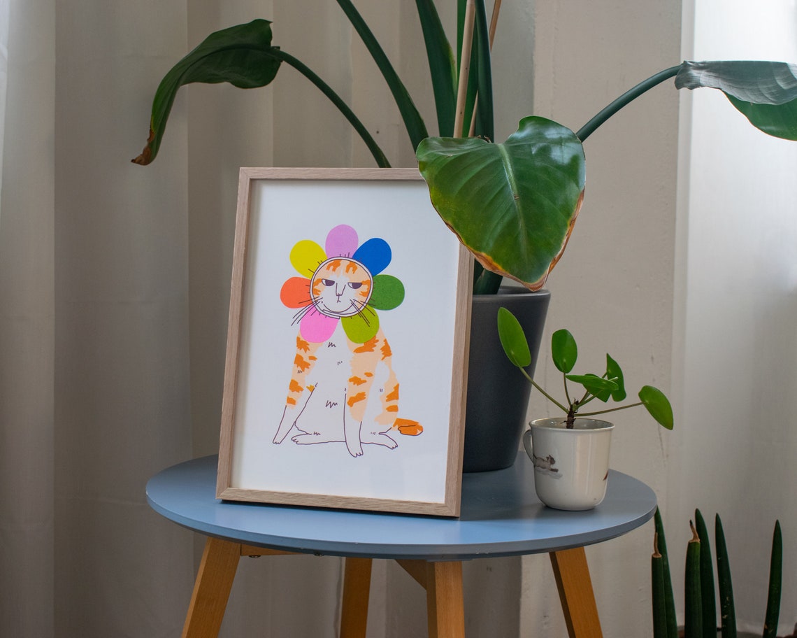 Grumpy Flower A4 Risograph Poster | Illustration in Fluorescent Pink ...