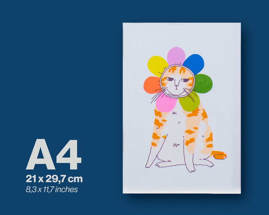 Grumpy Flower A4 Risograph Poster | Illustration in Fluorescent Pink ...