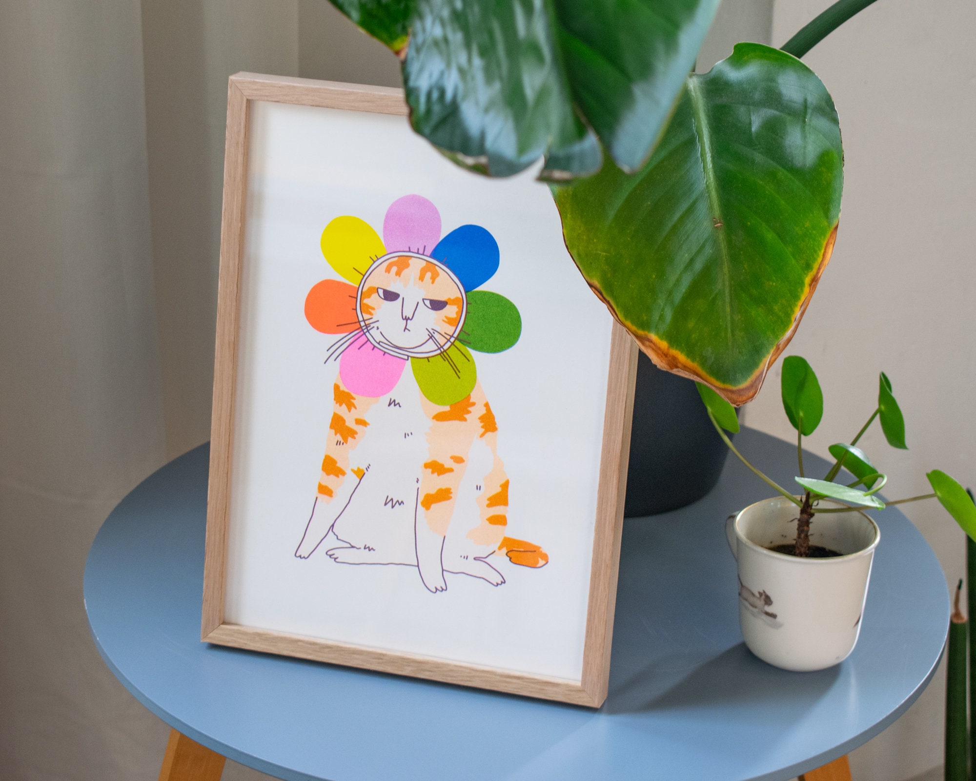 Grumpy Flower A4 Risograph Poster | Illustration in Fluorescent Pink ...