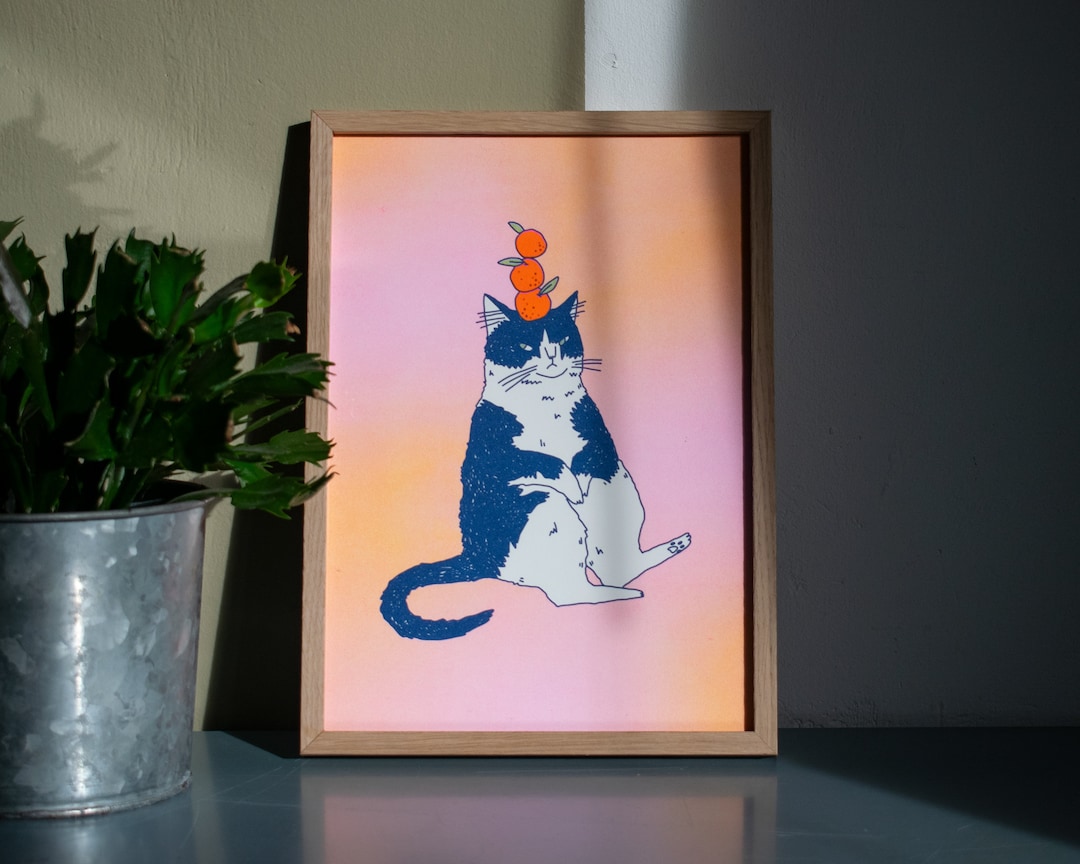 Orange Cat A4 Risograph Poster | Illustration in Fluorescent Pink ...
