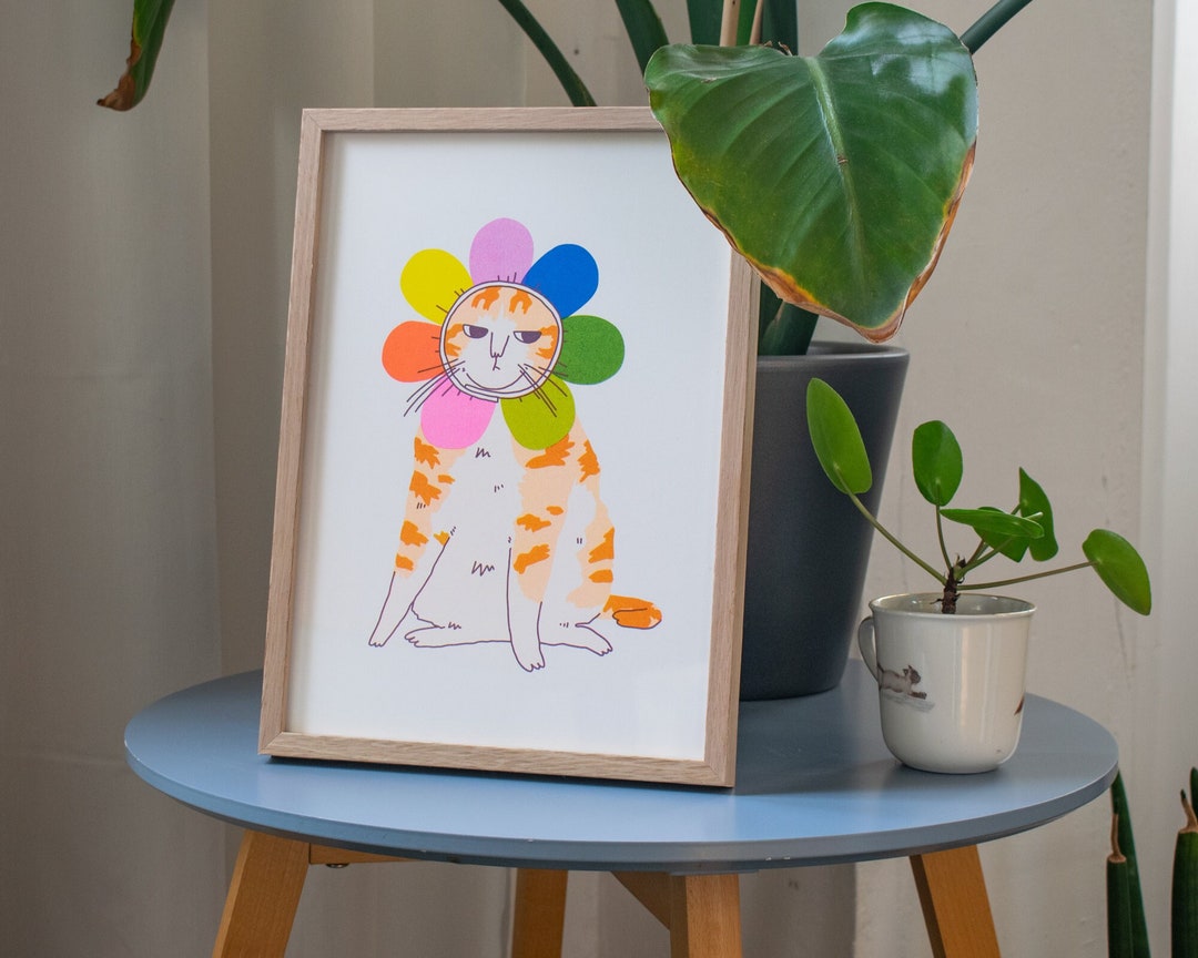 Grumpy Flower A4 Risograph Poster | Illustration in Fluorescent Pink ...