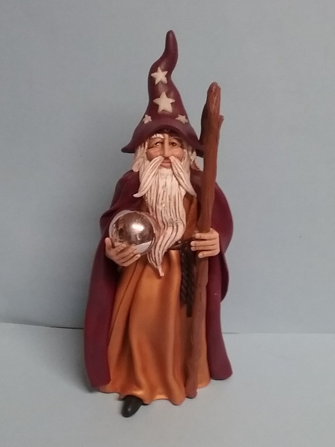 Hand Sculpted LARGE Wizard W/ Crystal Ball and Walking Stick Figurine ...