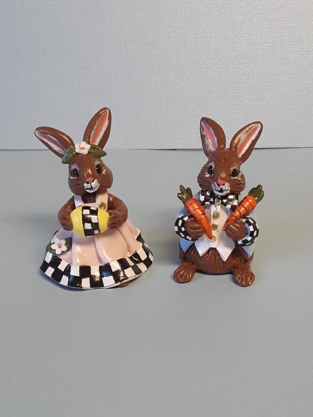 NEW! Hand Sculpted Black and White Checkered Easter Bunny Couple ...