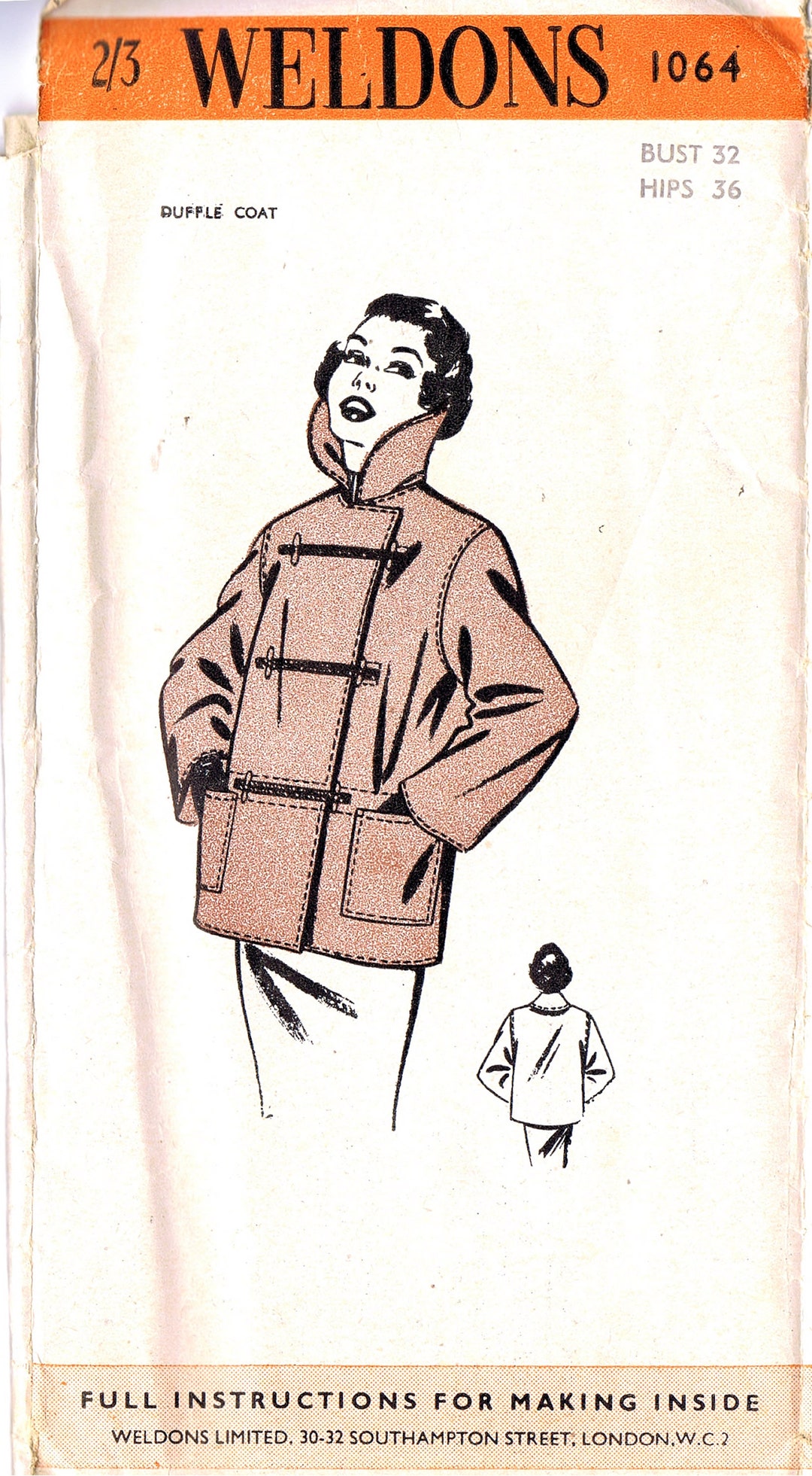 Vintage Weldons Sewing Pattern 1064 Unisex Duffle Coat Bust 32 Hips 34 ...