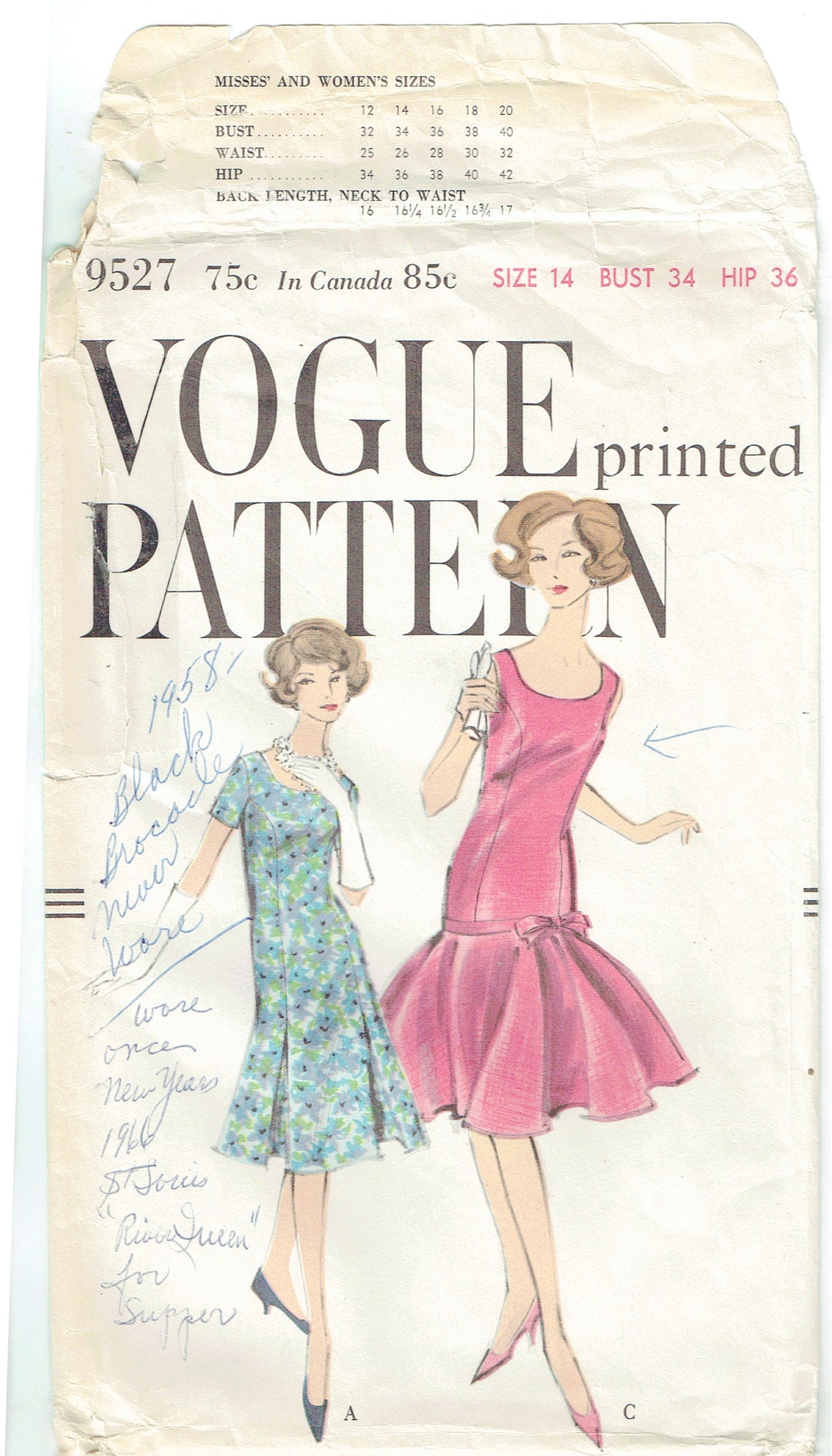 PDF Vintage Sewing Pattern Vogue 9527,size 14, Bust 34 Ins, One - Piece ...