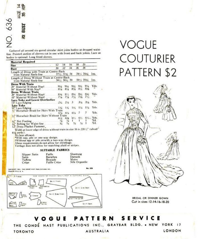 PDF Vintage Vogue No.636,sewing Pattern Wedding Dress, Bridal, Ballgown ...