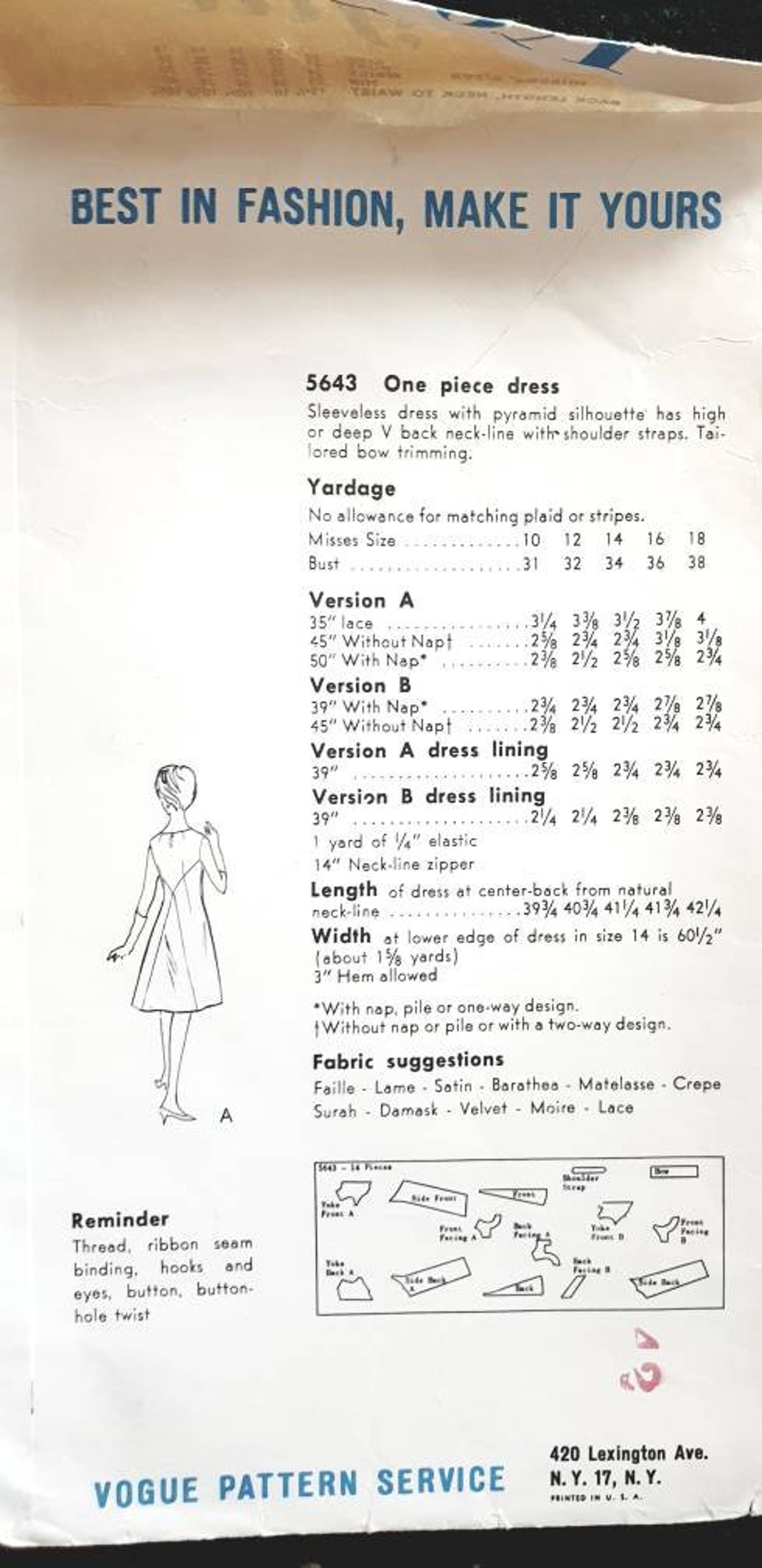 Vintage Vogue 1950 a Sewing Pattern 5643 Size 14 Bust 34 Ins - Etsy