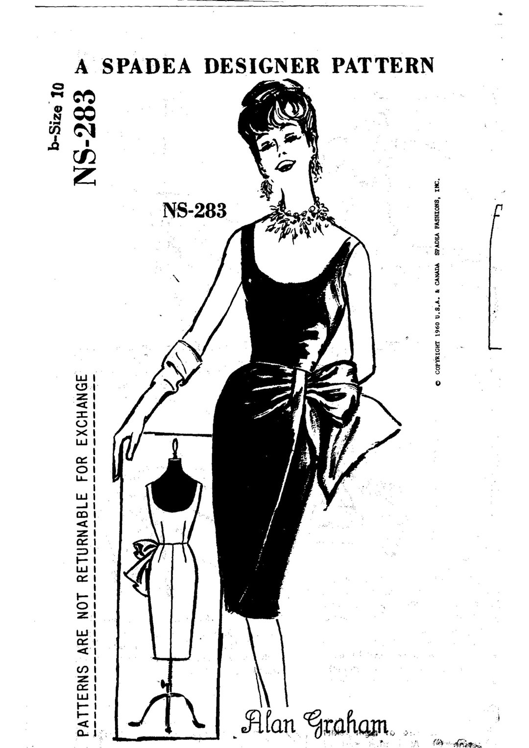 PDF Vintage Spadea NS 283 Sewing Pattern. Cocktail Wiggle Dress Size 10 ...