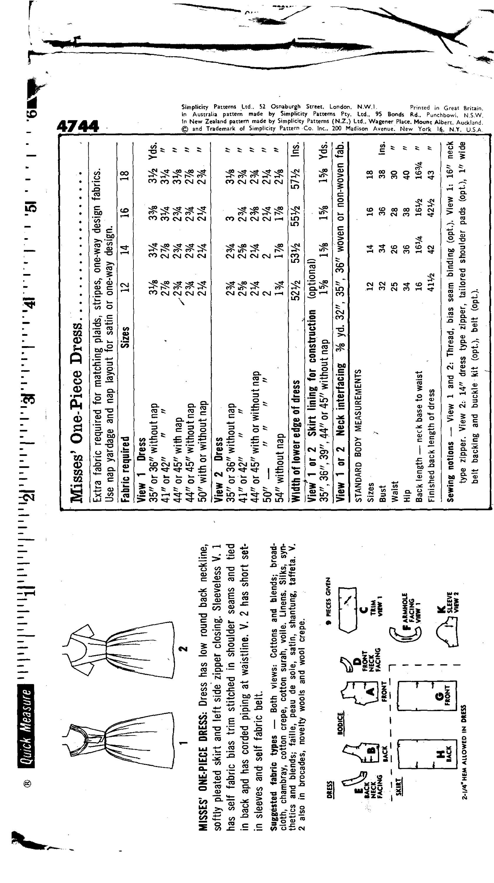 Vintage Simplicity 4744 Sewing Pattern Womens Dress Bust 38ins Size 18 ...