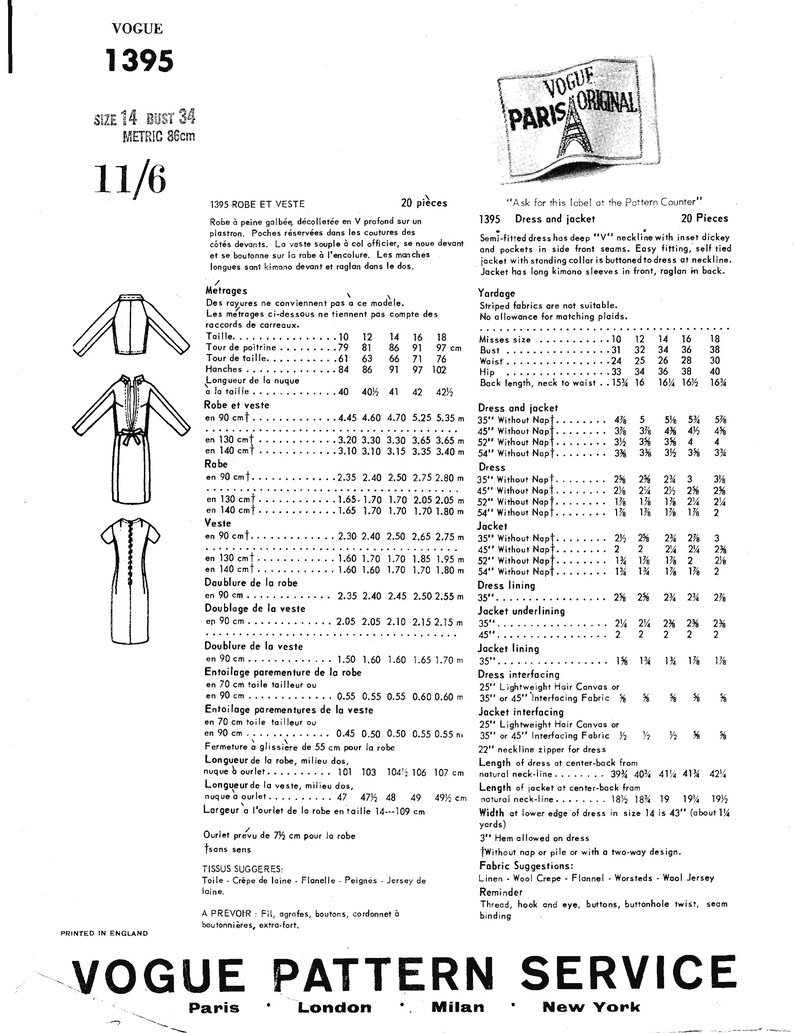PDF Vintage Sewing Pattern Vogue Paris Original 1395 Size 14 Bust 34ins ...