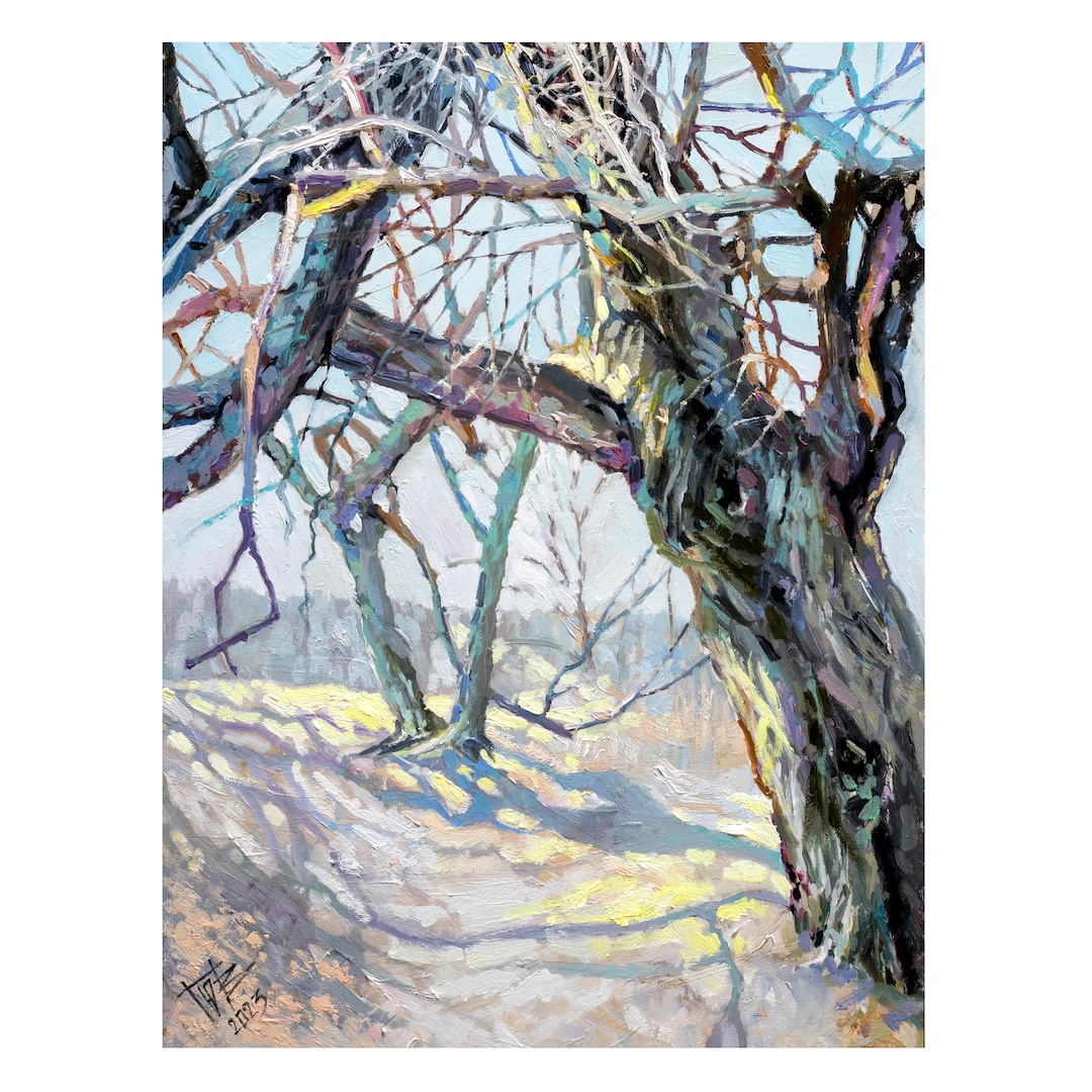 A Big Old Tree Oil on Hardboard Painting, Ukrainian Art, Tree Trunk Oil ...