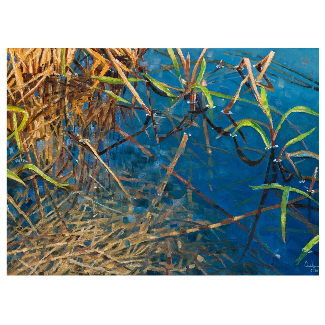 Water Reeds Oil Painting, Blue Water in the River Oil Art, Transparent ...