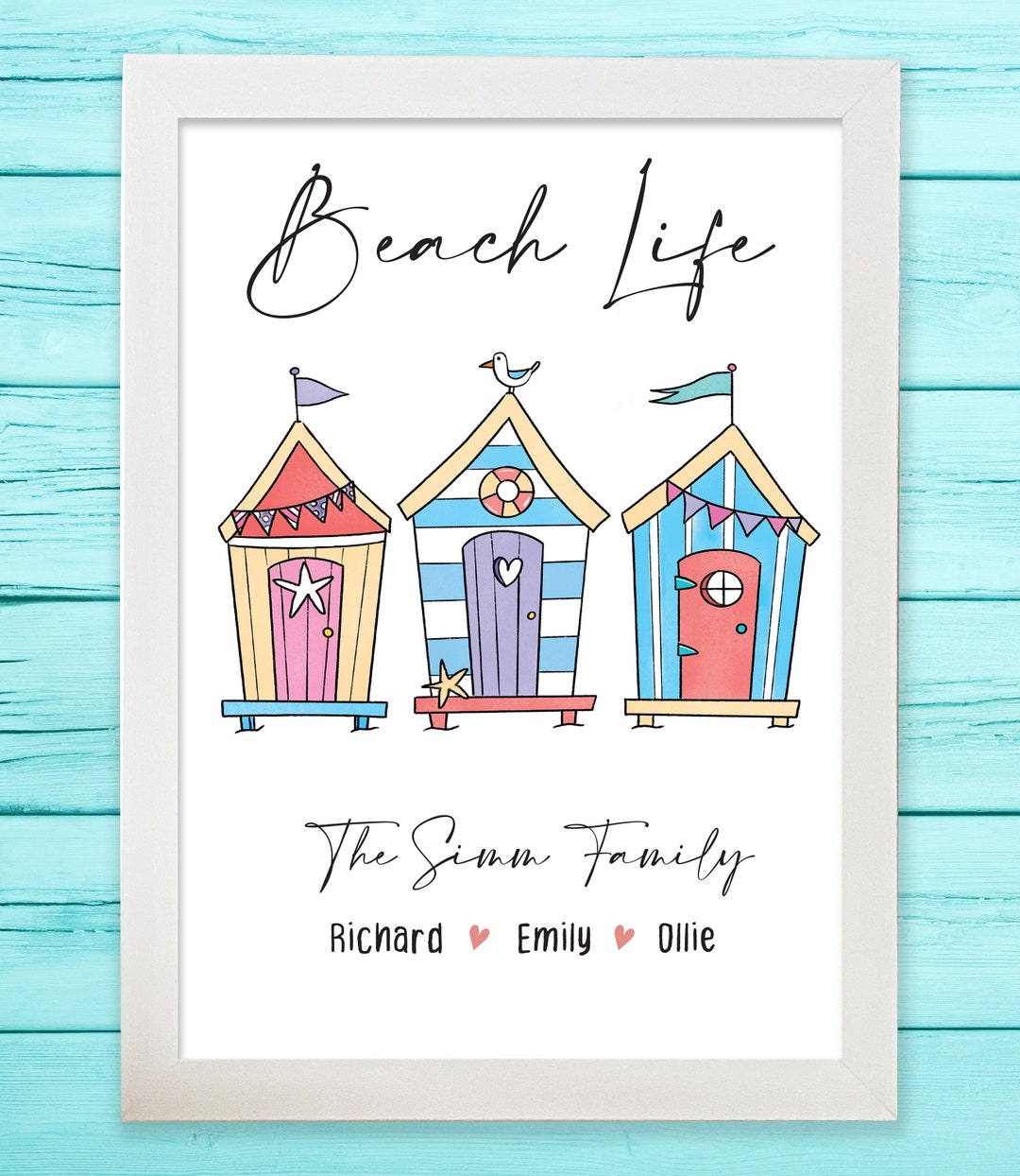 Personalised BEACH HUT FAMILY Print, Beach Life, Beach Hut Owner Decor ...