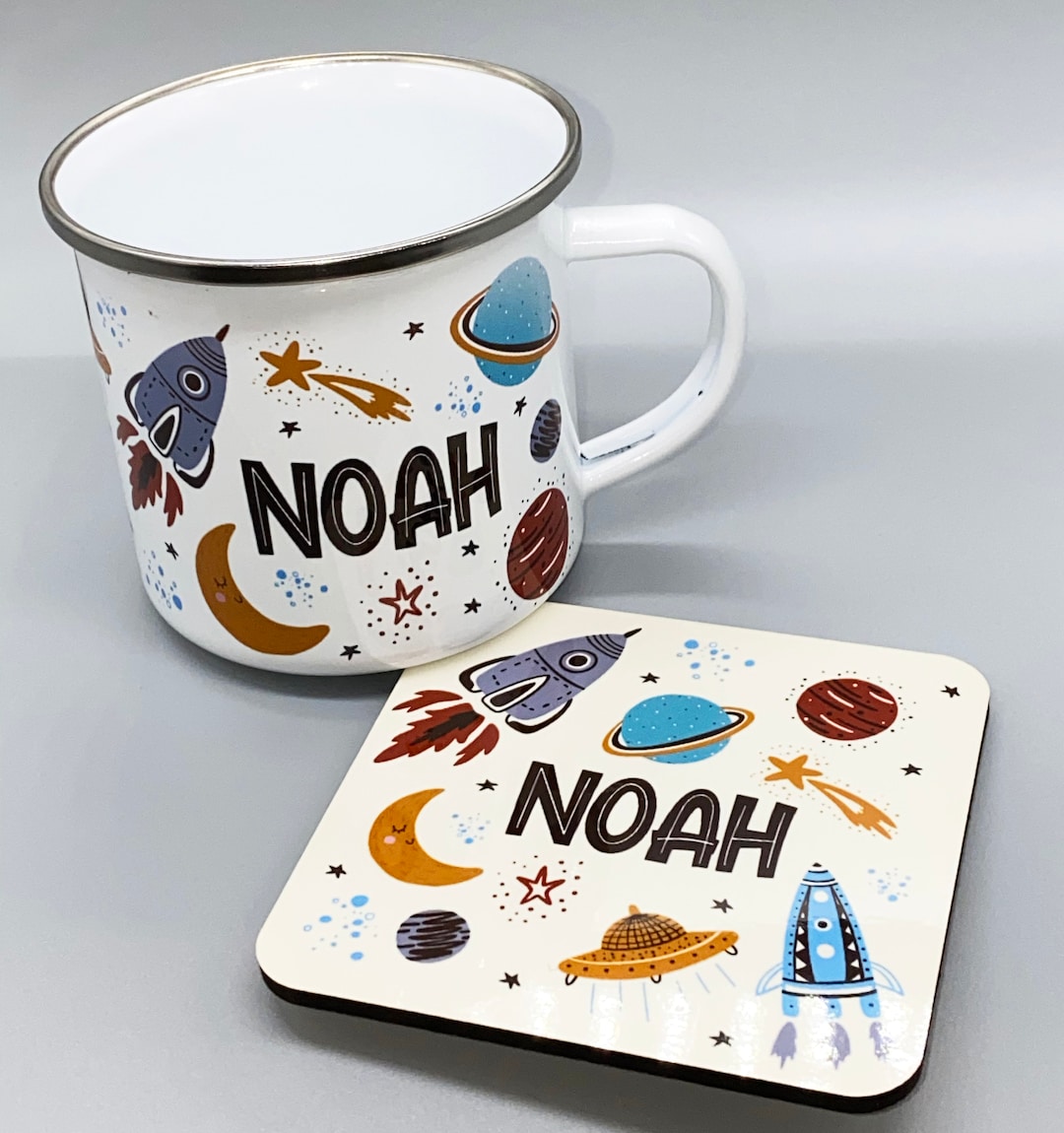 Personalised Space Enamel Mug, Rockets,stars, Planets, Boys Birthday ...