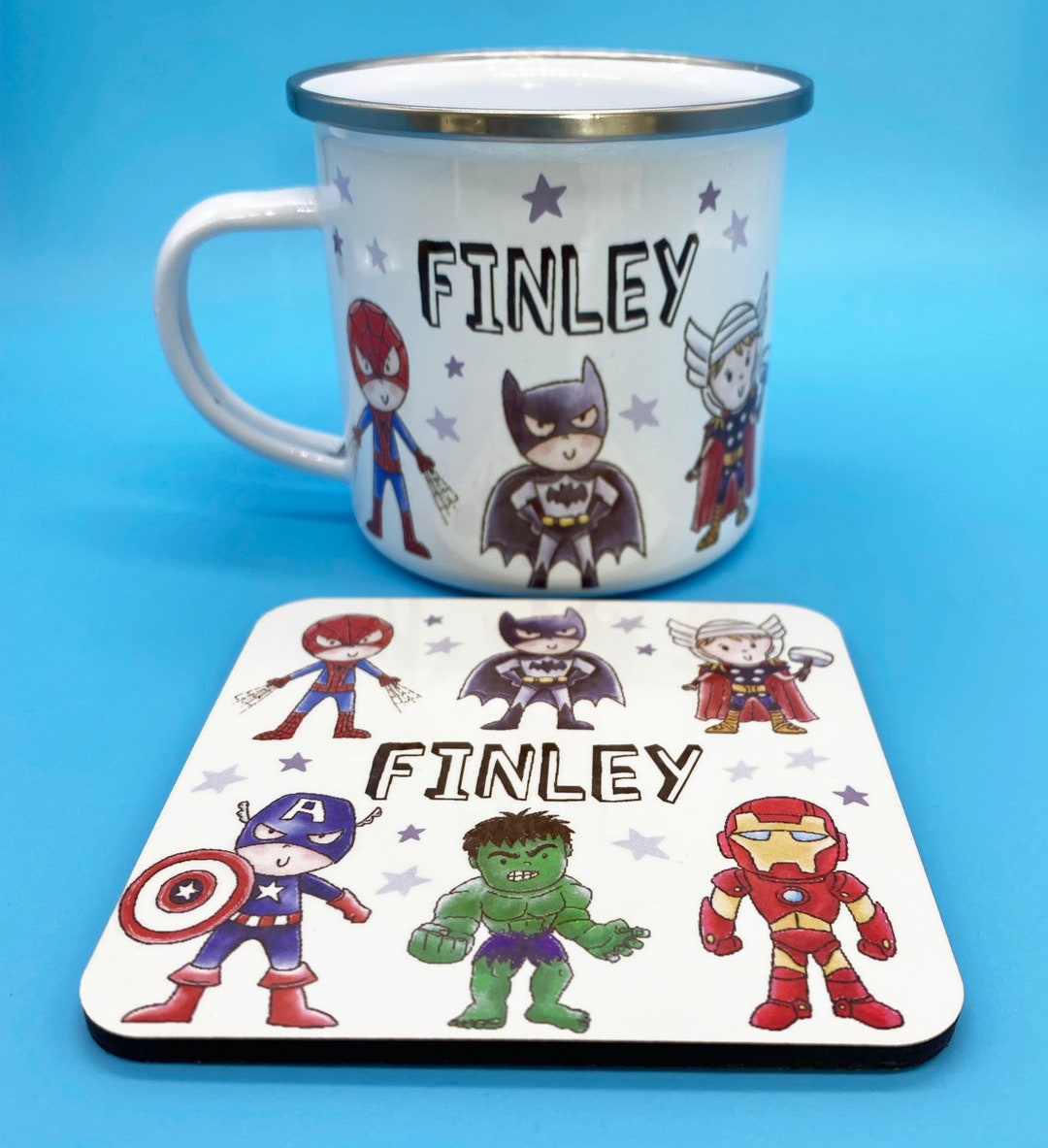 Personalised SUPER HERO Enamel Mug and Coaster, Super Heroes ...