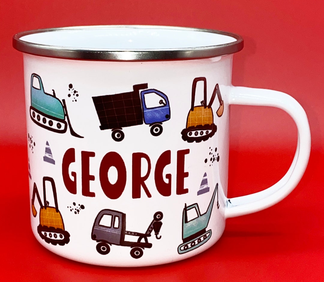 Personalised TRUCKS AND DIGGERS Enamel Mug, Boys Birthday, Digger Gift ...