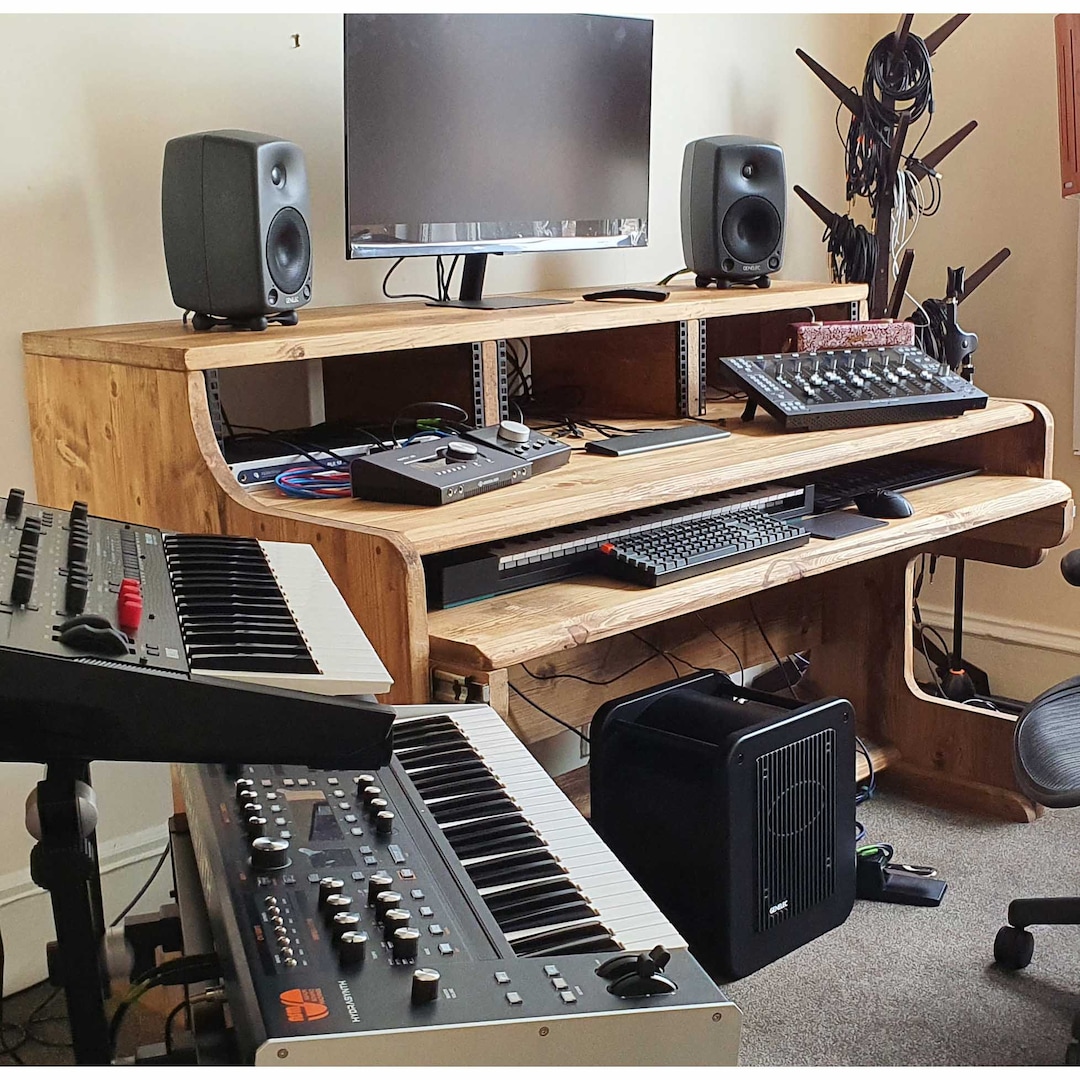 Reclaimed Wood Musician's Studio Desk: 3-tier Workstation With Keyboard ...