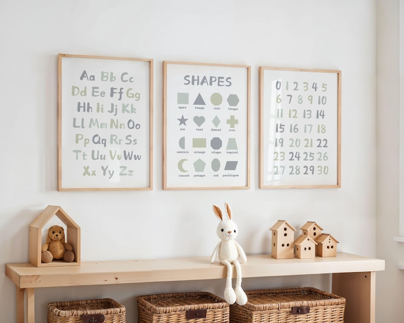 Set of 3 Educational Nursery Alphabet Prints: Numbers, Shapes Chart ...