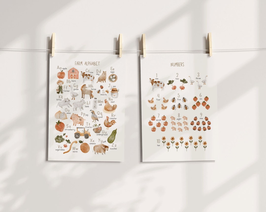 Farm Alphabet and Numbers Prints, Alphabet Poster, Farm Animals, ABC ...