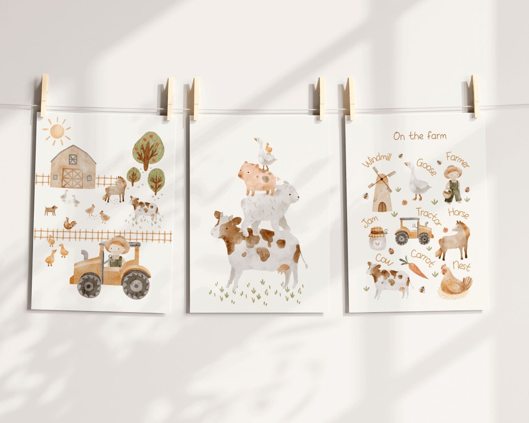 Farm Prints, Set of 3, Farm Yard, Animals Decor, Kids Prints, Nursery ...