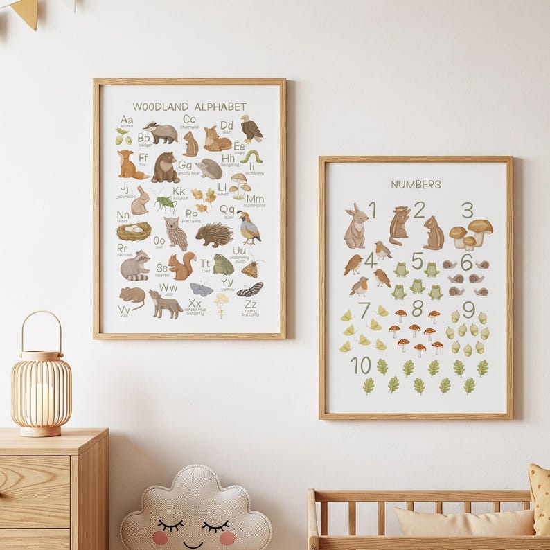 Woodland Alphabet and Numbers Prints: Nursery Decor, Set of 2, Forest ...