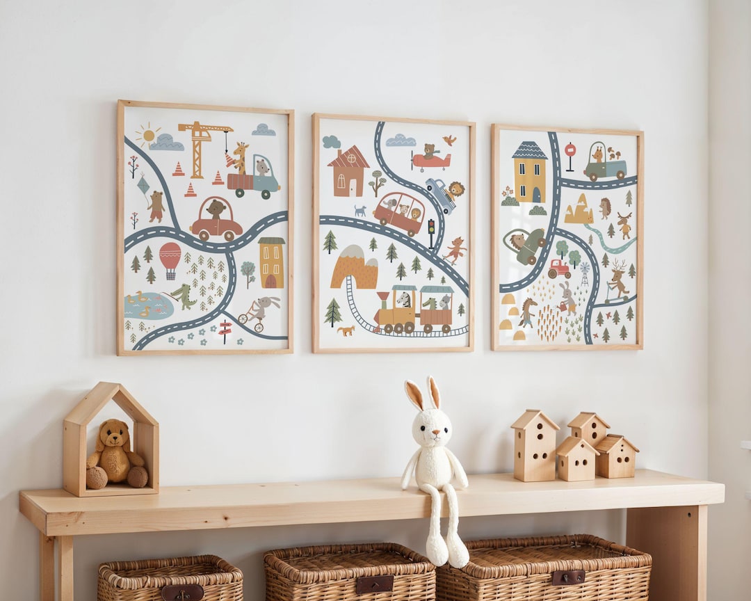 Transport and Animals Prints Set of 3: Scandi Kids Room Wall Art ...