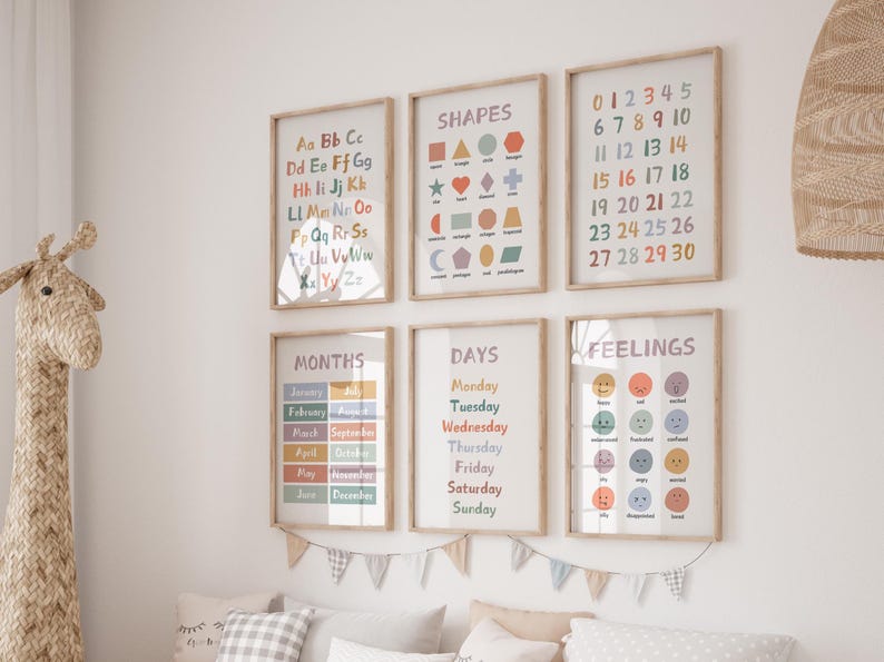 Digital Chart Prints Set of 6, Nursery Decor, Alphabet Print, Numbers ...