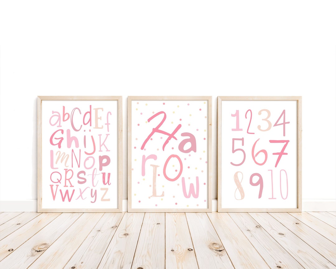 Pink Alphabet and Numbers Prints, Set of 3 Personalised Alphabet Poster ...