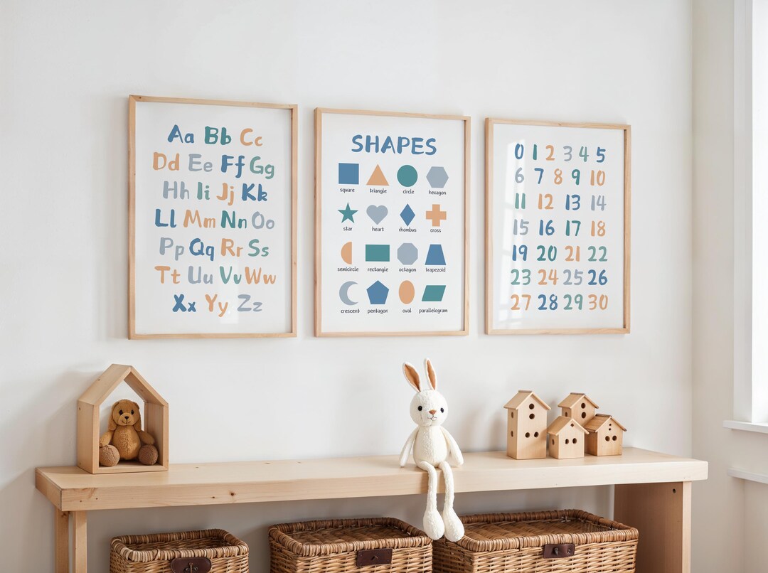 Educational Nursery Alphabet Prints: ABC, Numbers, Shapes - Scandi Wall ...