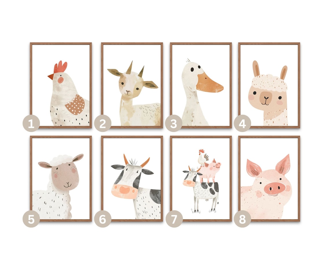 Set of 8 Farm Animals Nursery Prints Watercolor Portraits Digital ...