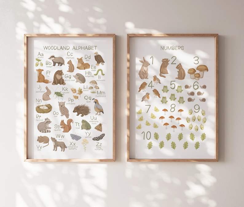 Woodland Alphabet and Numbers Prints: Nursery Decor, Set of 2, Forest ...