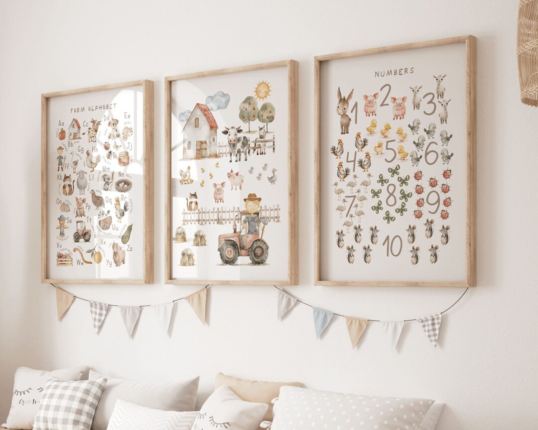 Farm Prints, Set of 3, Farm Yard, Alphabet and Numbers Prints, Alphabet ...