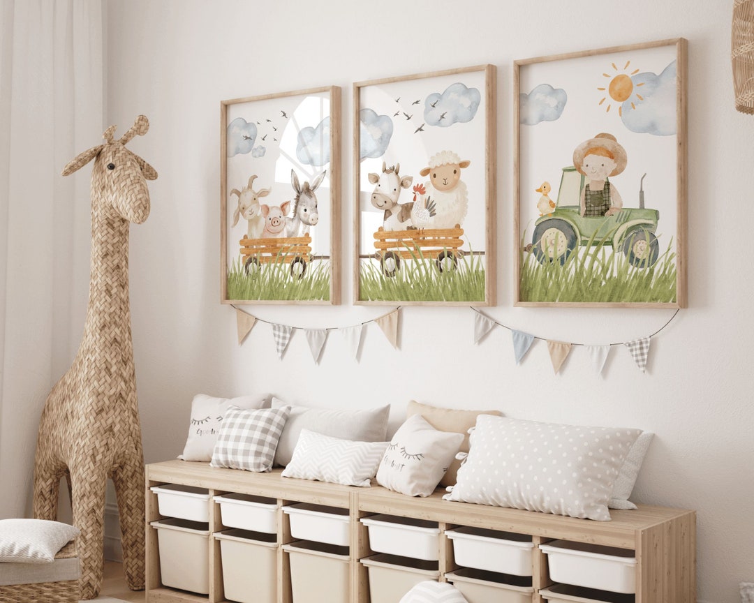 Farm Animals Nursery Prints: Watercolor Wall Art Set, Farmer Boy, Green ...