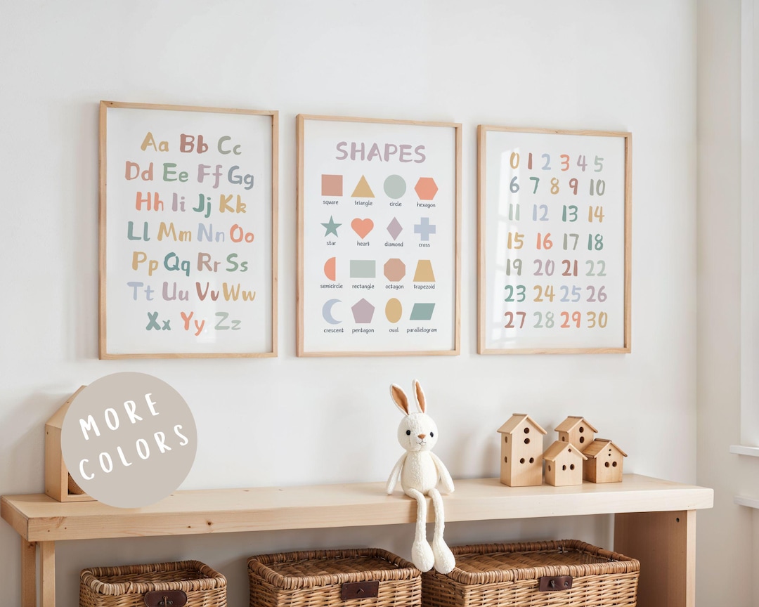 Set of 3 Educational Nursery Alphabet Prints: Numbers, Shapes Chart ...