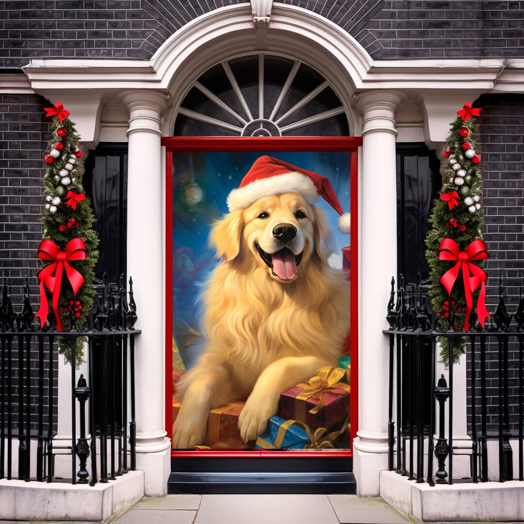 Christmas Front Door Mural Funny Dog, Entry Door Cover, Christmas Art ...