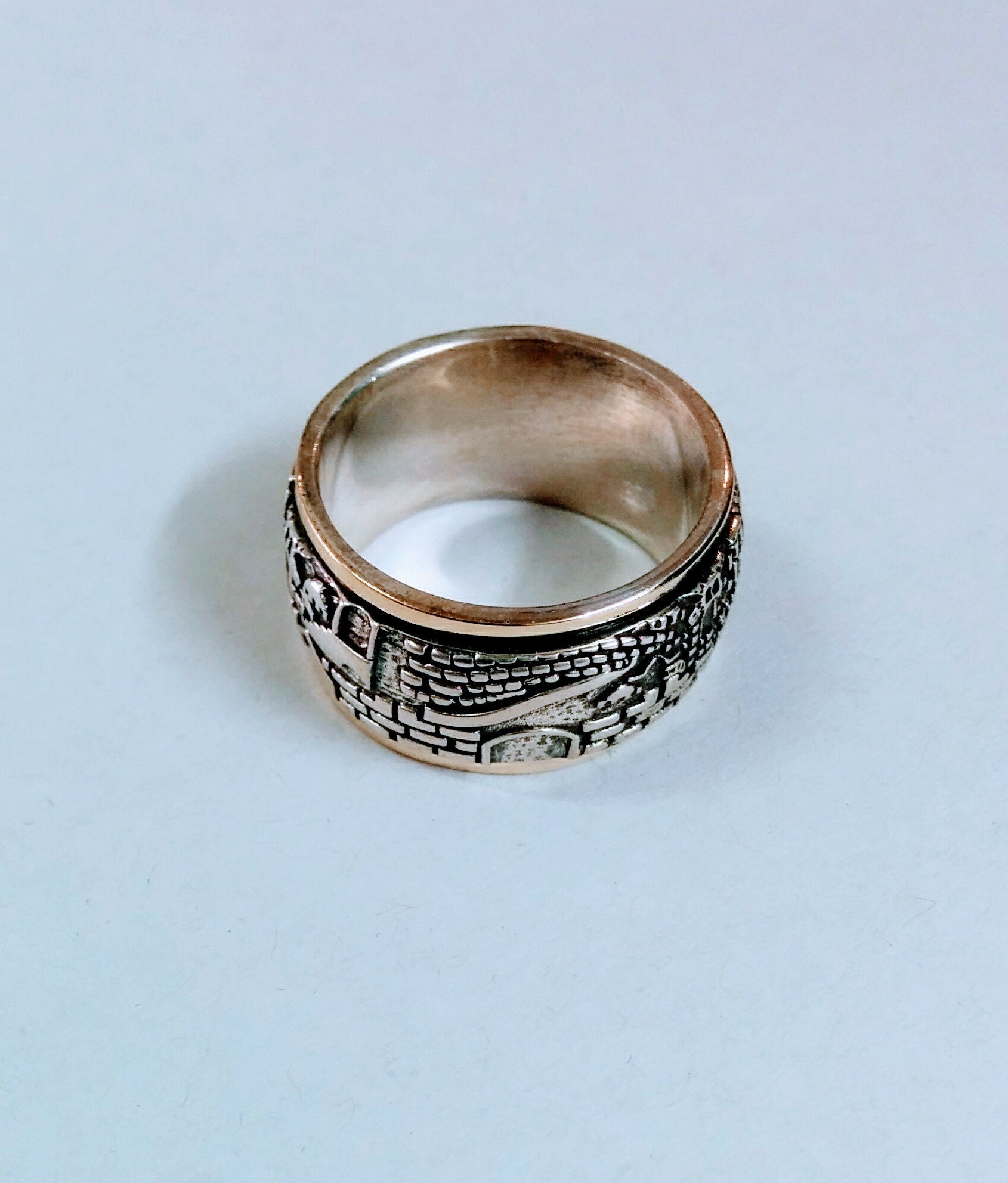 Jerusalem ring Sterling silver embossing with 14k gold | Etsy