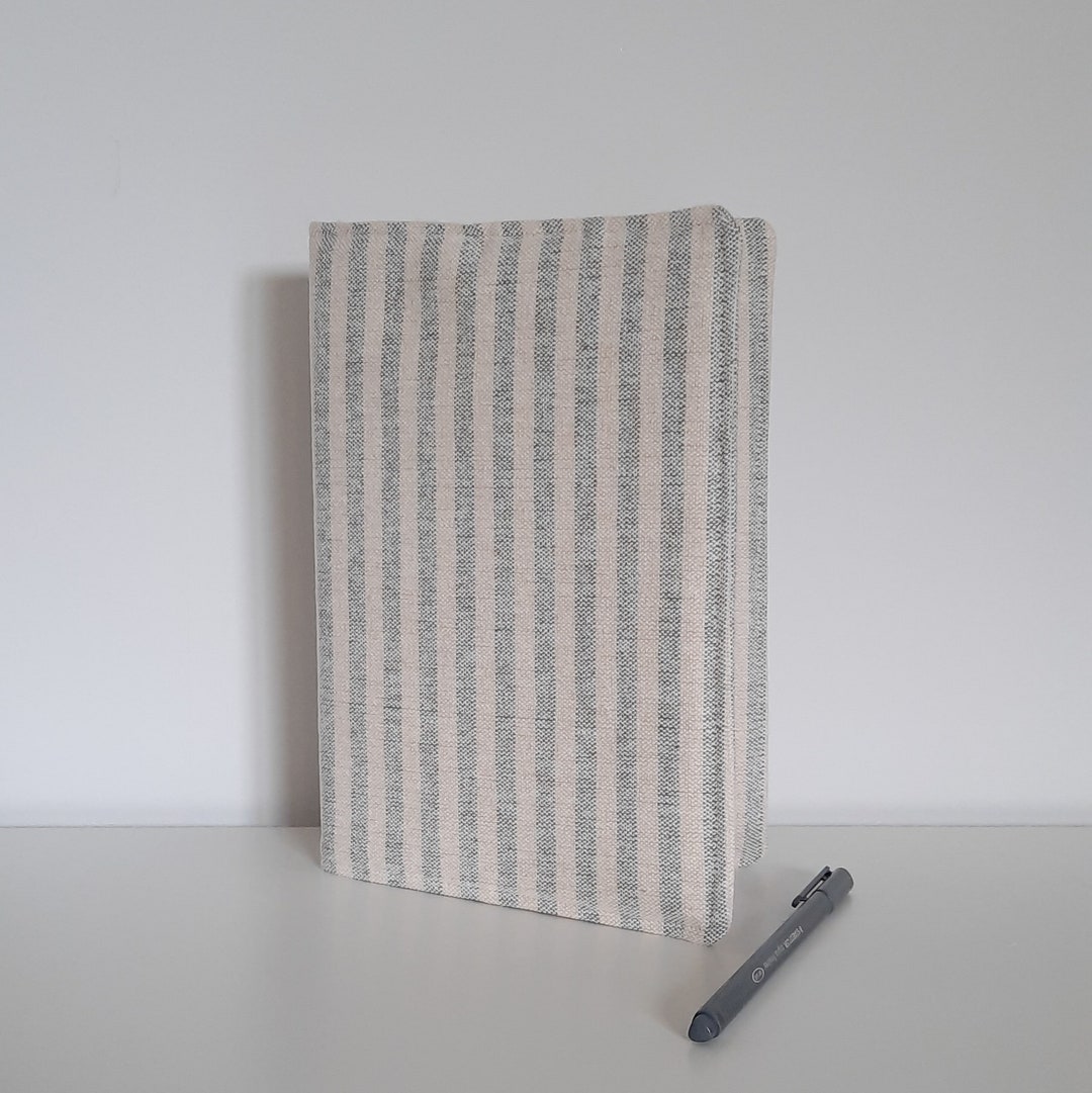 Blue Striped Linen Fabric Covered A5 Lined Notebook, Reusable Removable ...