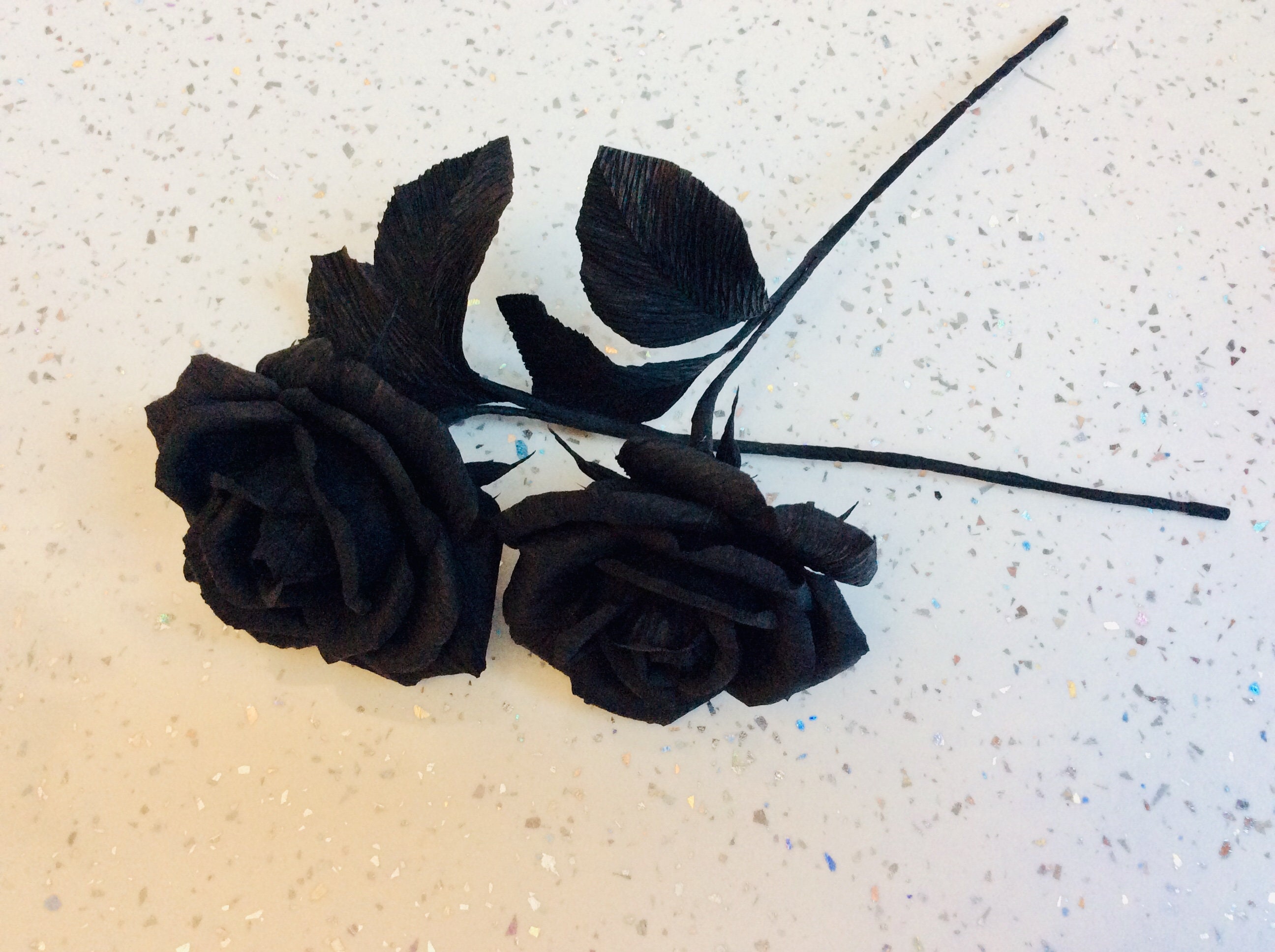 Black crepe paper rose black leaves. Valentines gift | Etsy