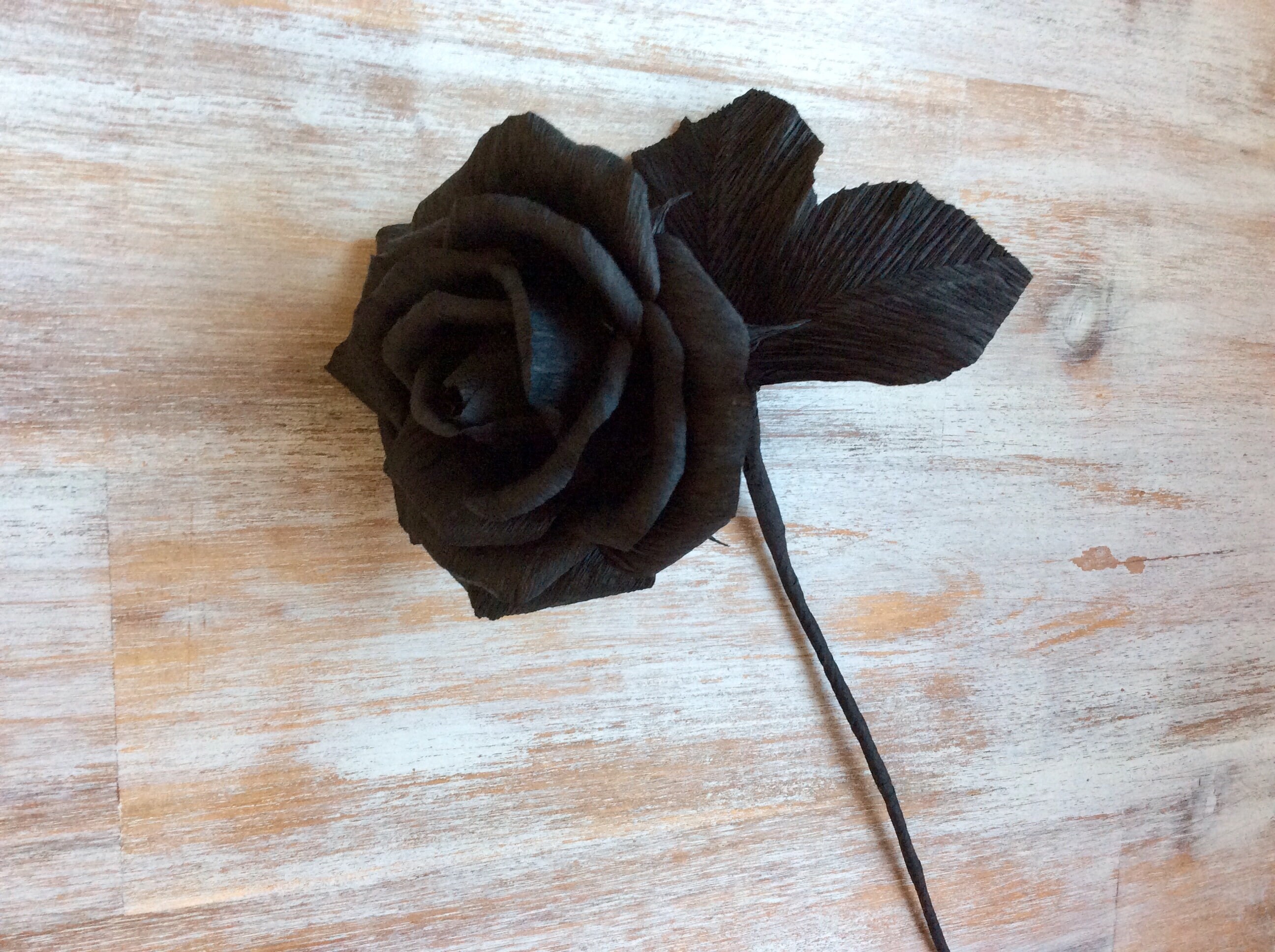 Black crepe paper rose black leaves. Valentines gift | Etsy