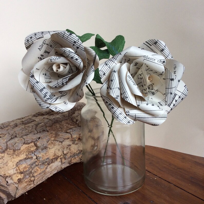 Two Handmade Vintage Sheet Music Paper Roses With Crepe Paper | Etsy