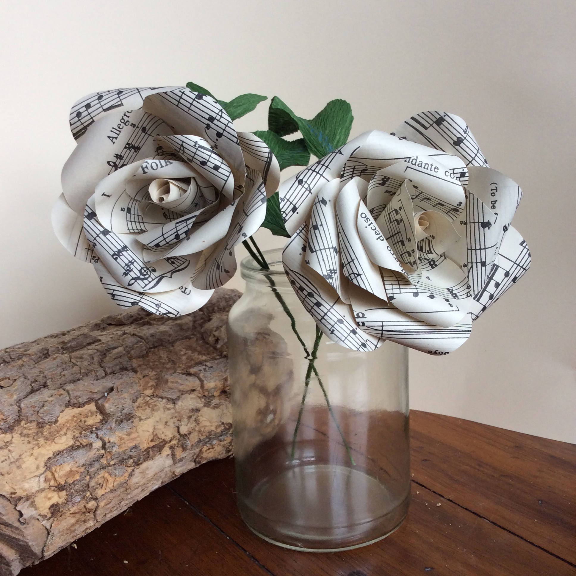 Two Handmade Vintage Sheet Music Paper Roses With Crepe Paper | Etsy