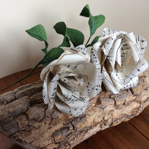 Two Handmade Vintage Sheet Music Paper Roses With Crepe Paper | Etsy