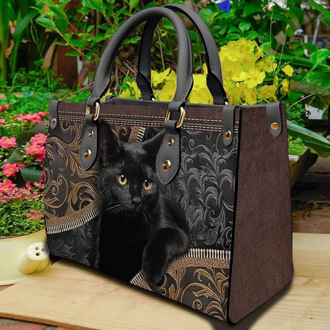 Cat Personalized Leather Handbag, Vintage Cat Leather Purse, Cat Mom ...