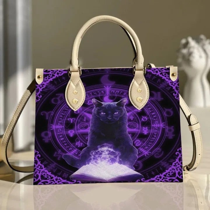 Vintage Purple Wiccan Black Cat Purse Handbag, Cat Leather Bag,Leather ...