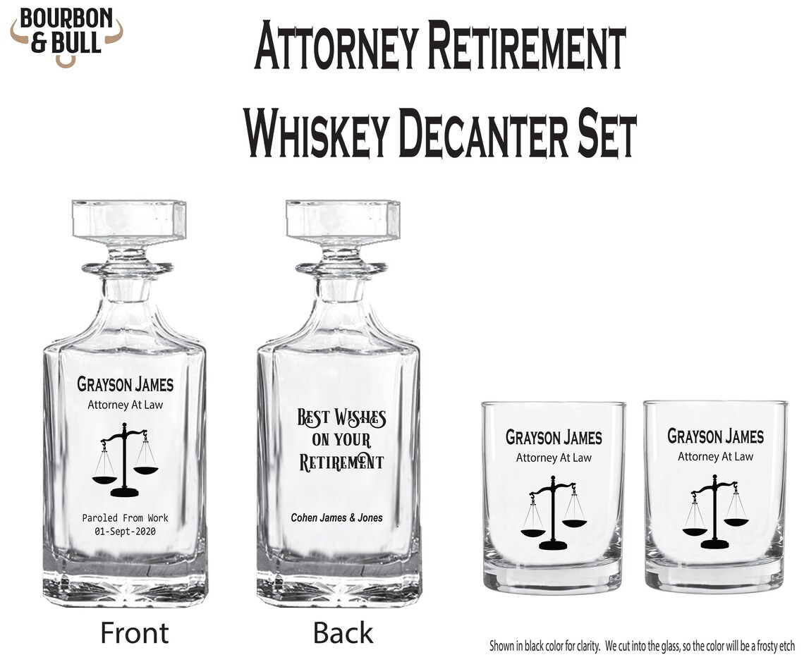 Personalized Lawyer Retirement Whiskey Decanter Set, Attorney Gift - Etsy