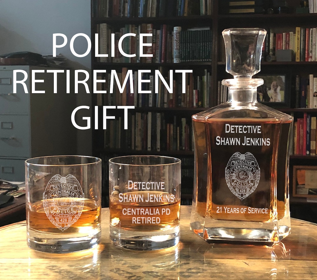 Personalized Police Officer Retirement Whiskey Decanter Set Badge personalized-police-officer-retirement-whiskey-decanter-set-badge