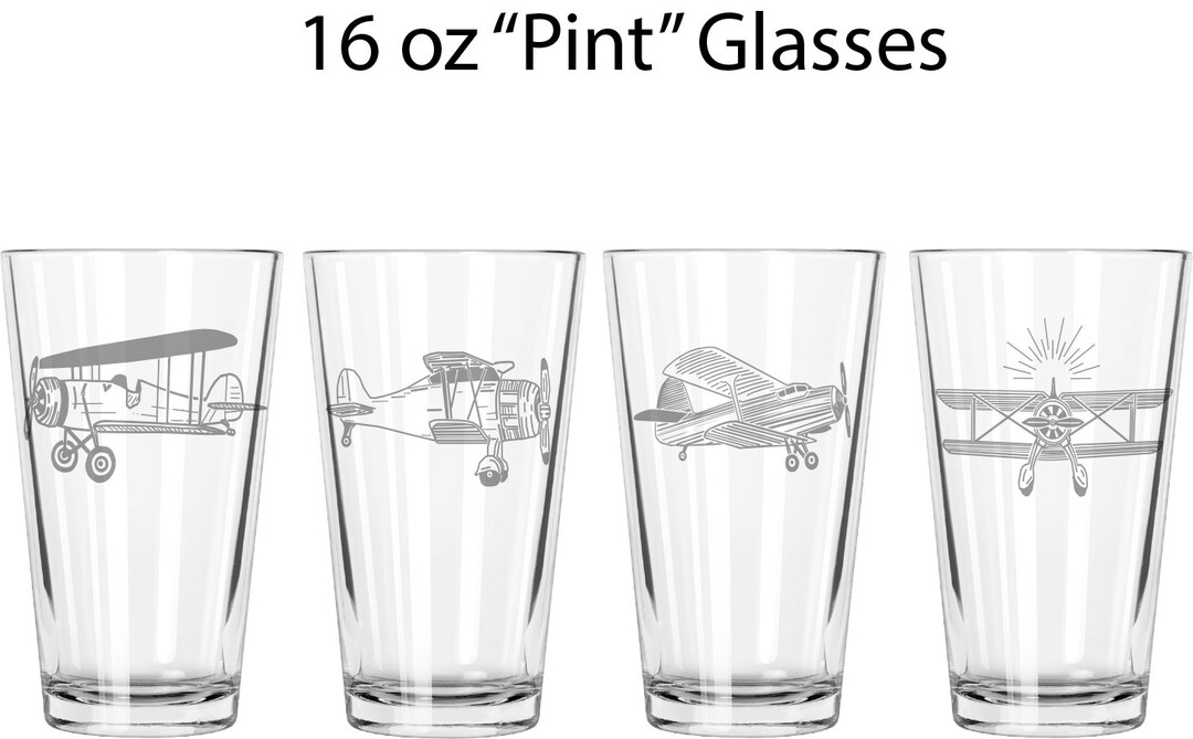 Four Whimsical Aviation Pint Glasses, Airplane Glass, Gift for Pilot ...