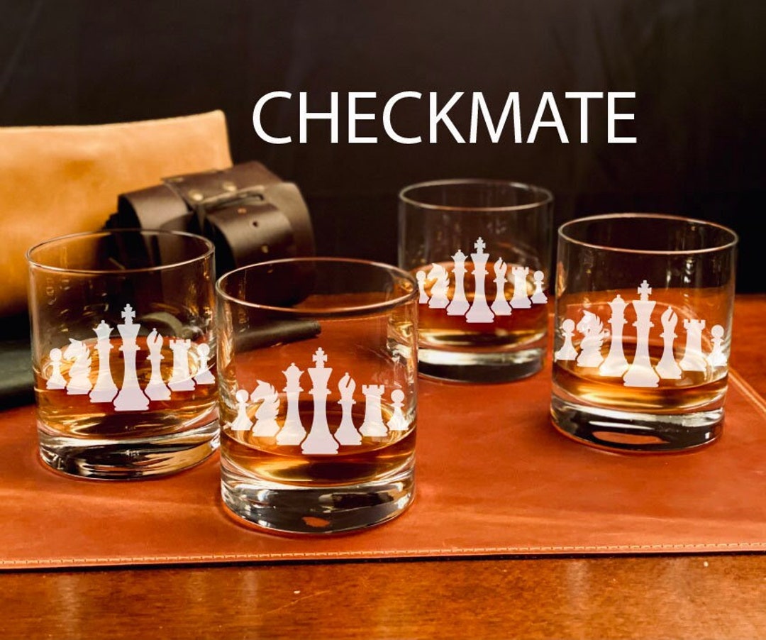 Set of 4 Checkmate Chess Themed Whiskey Glasses, Chess Gift, Gift for ...