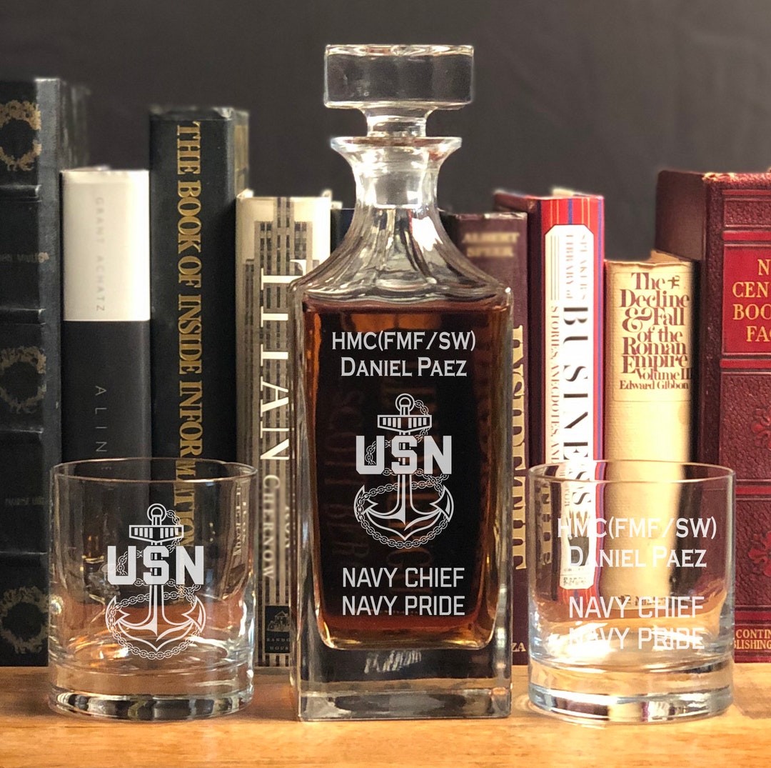 Personalized Navy Chief Whiskey Decanter Set – Engraved Promotion Gift ...